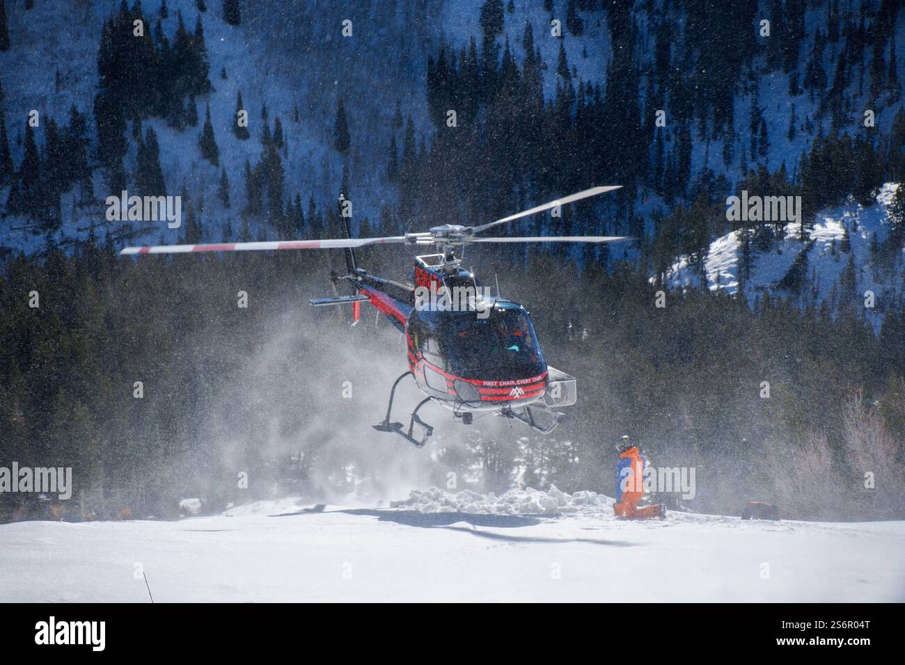 A Powderbird Helicopter Skiing lifts off after picking up skiers during ...