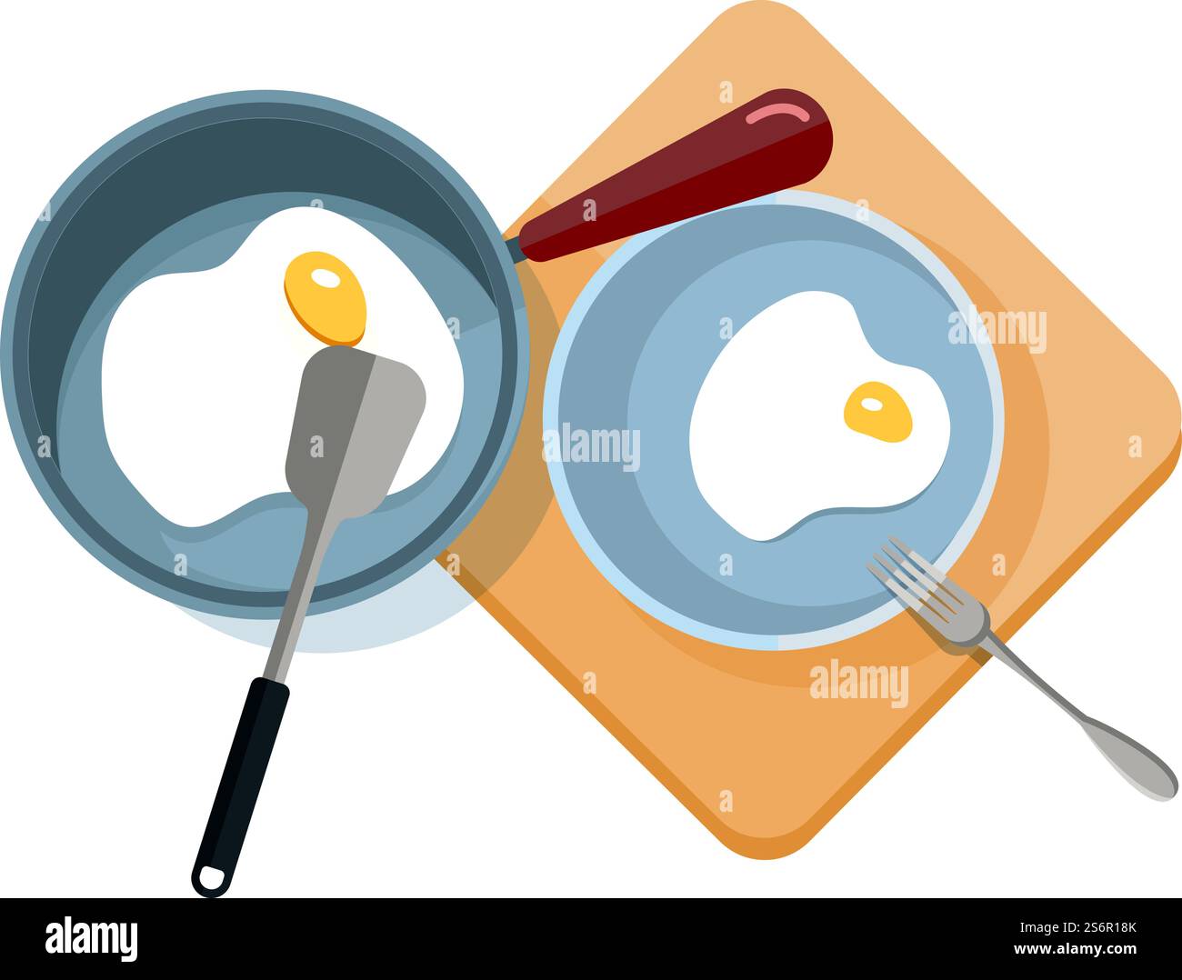 Fried eggs. Scrambled eggs in pan and on plate. Isolated breakfast cooking, food preparation ...