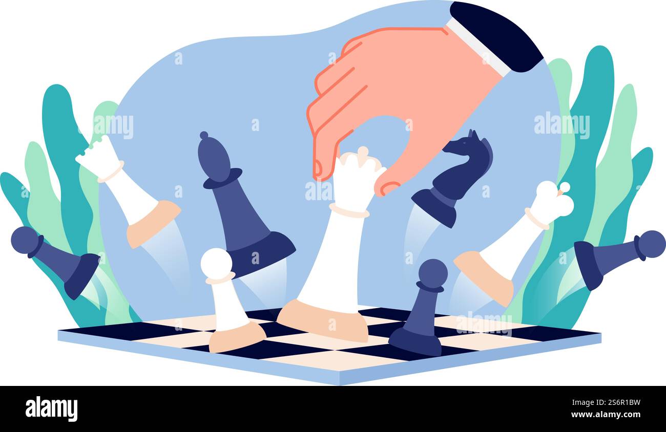 Chess business strategy. Businessman game, hand moves queen piece on ...