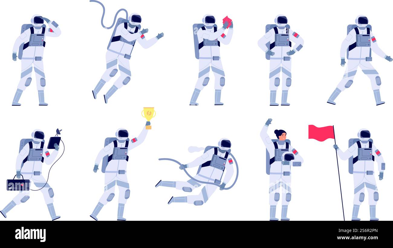 Astronaut characters. Cosmonaut motion work, astronauts with helmet and flag. Space suit ...