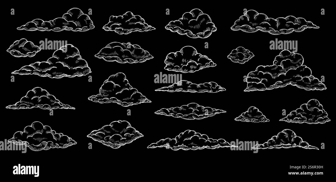 White sketch clouds. Hand drawn cloud, sky cloudscape. Outline ...