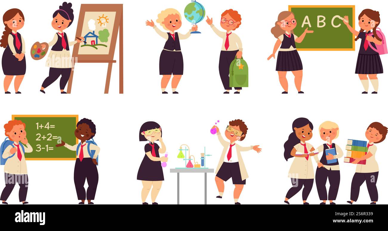 Kids on lessons. School girl on lesson, science children characters ...