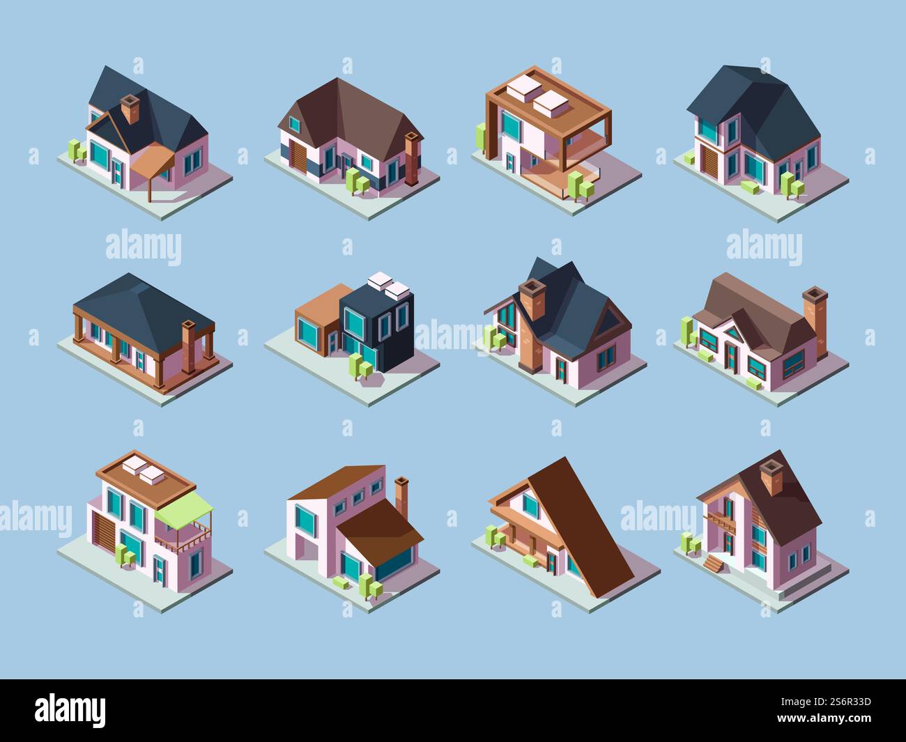 Cottages isometric. Luxury houses small villages residential towns ...