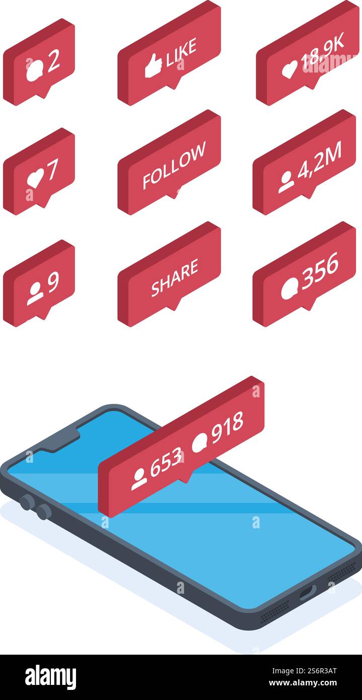 Love like buttons. Social 3d notification bubble talk frame with viewers hearts users friends ...