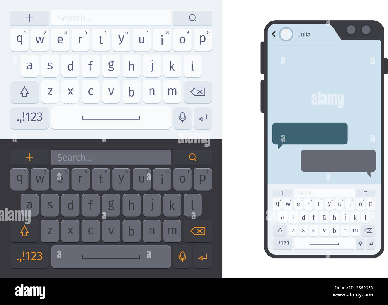 Smartphone keyboard. Numbers and letters for smartphone ui dark and white theme typing buttons ...
