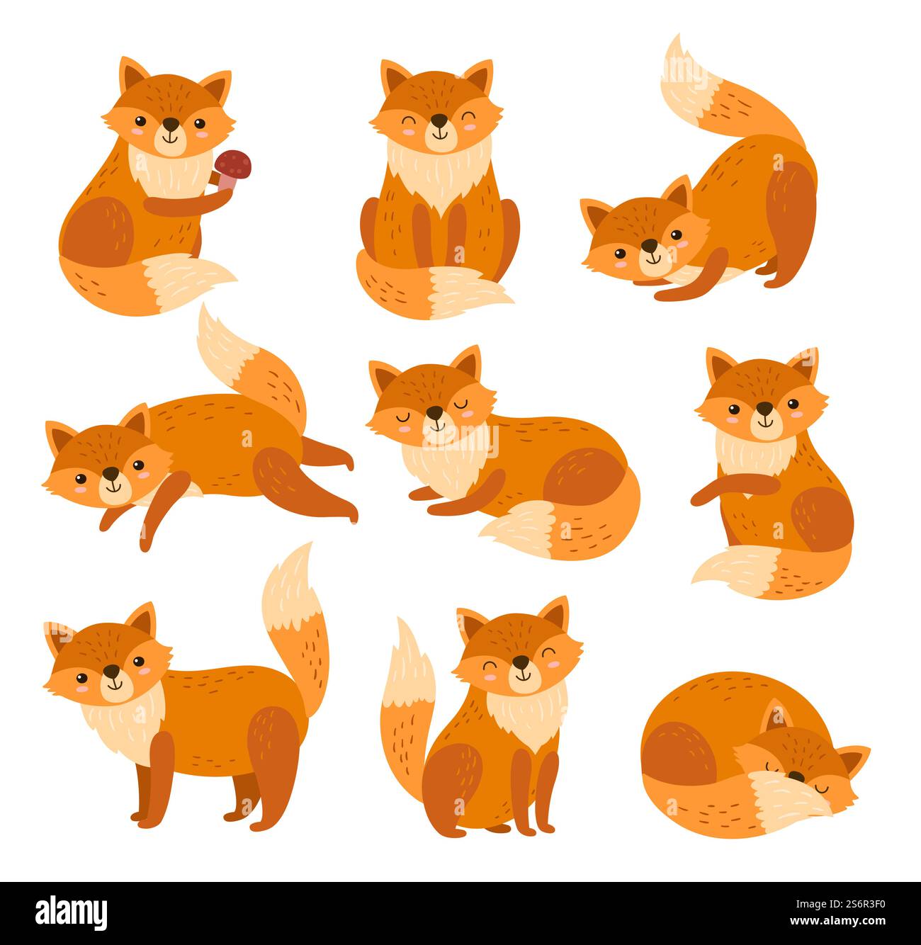 Cute cartoon fox. Forest foxes, red animals with fluffy tails. Flat ...