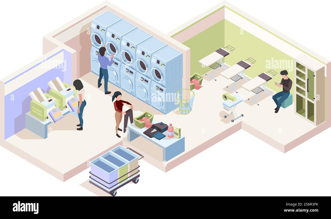Industry laundry room. Isometric interior of cleaning service laundry ...