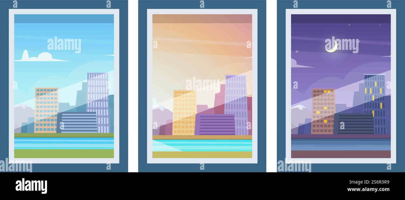 View from windows. Day time, morning evening night downtown. City ...