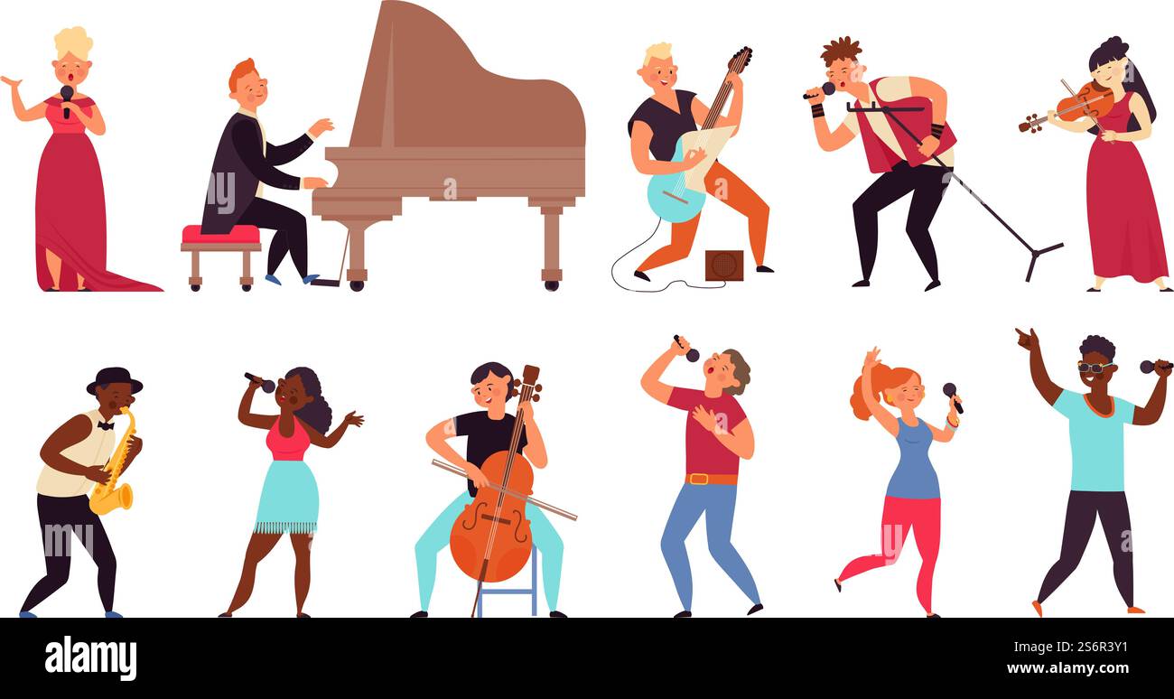 Musician and singers. People singing, rocker musicians character ...