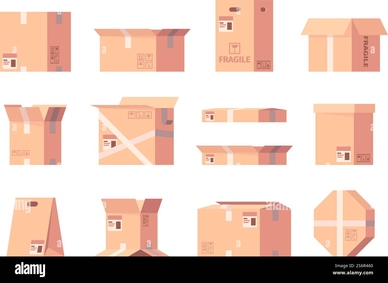 Delivery boxes. Cardboard containers cargo boxes in flat style garish ...