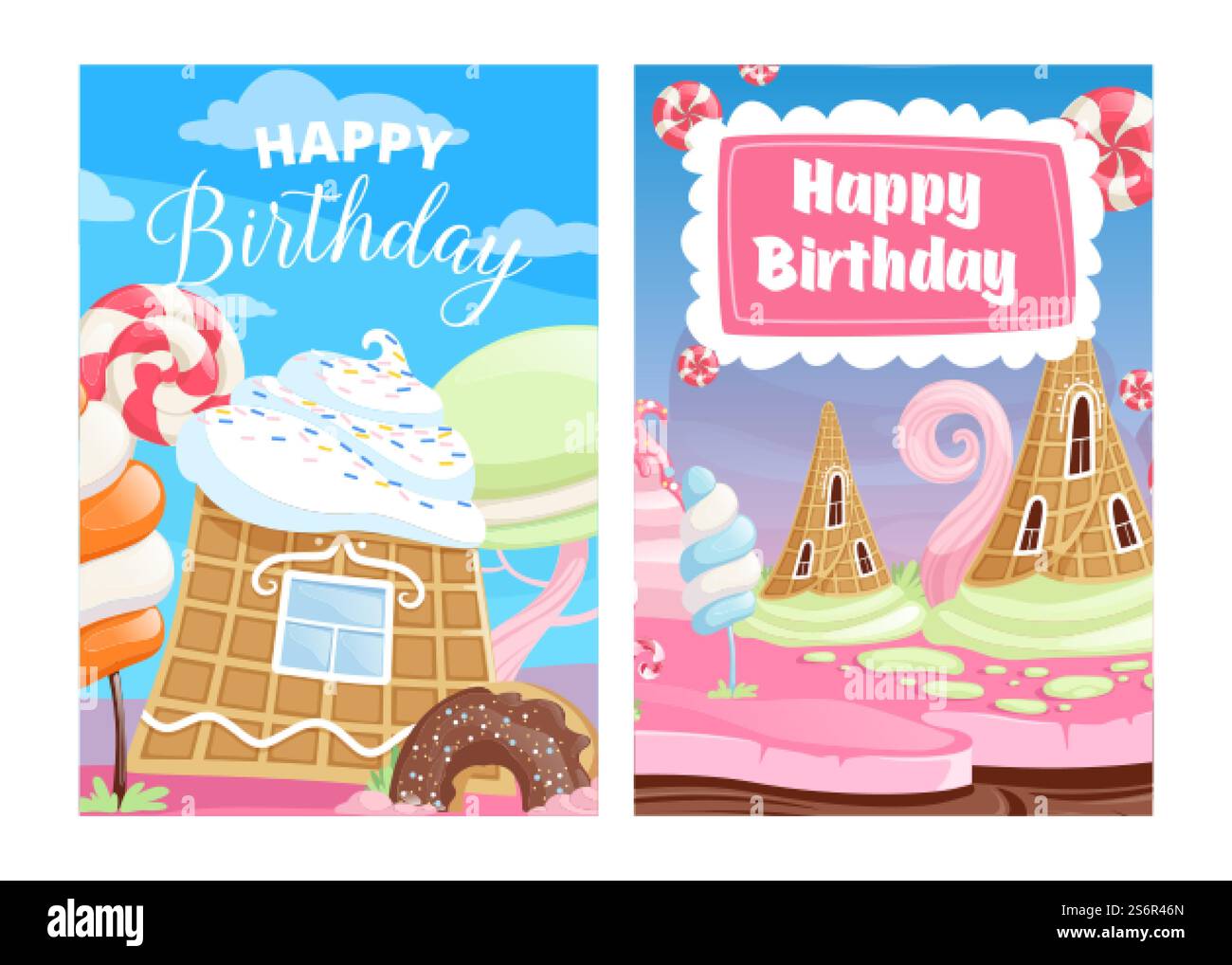 Happy birthday cards. Sweet candy, cake lollipops ice cream cartoon ...