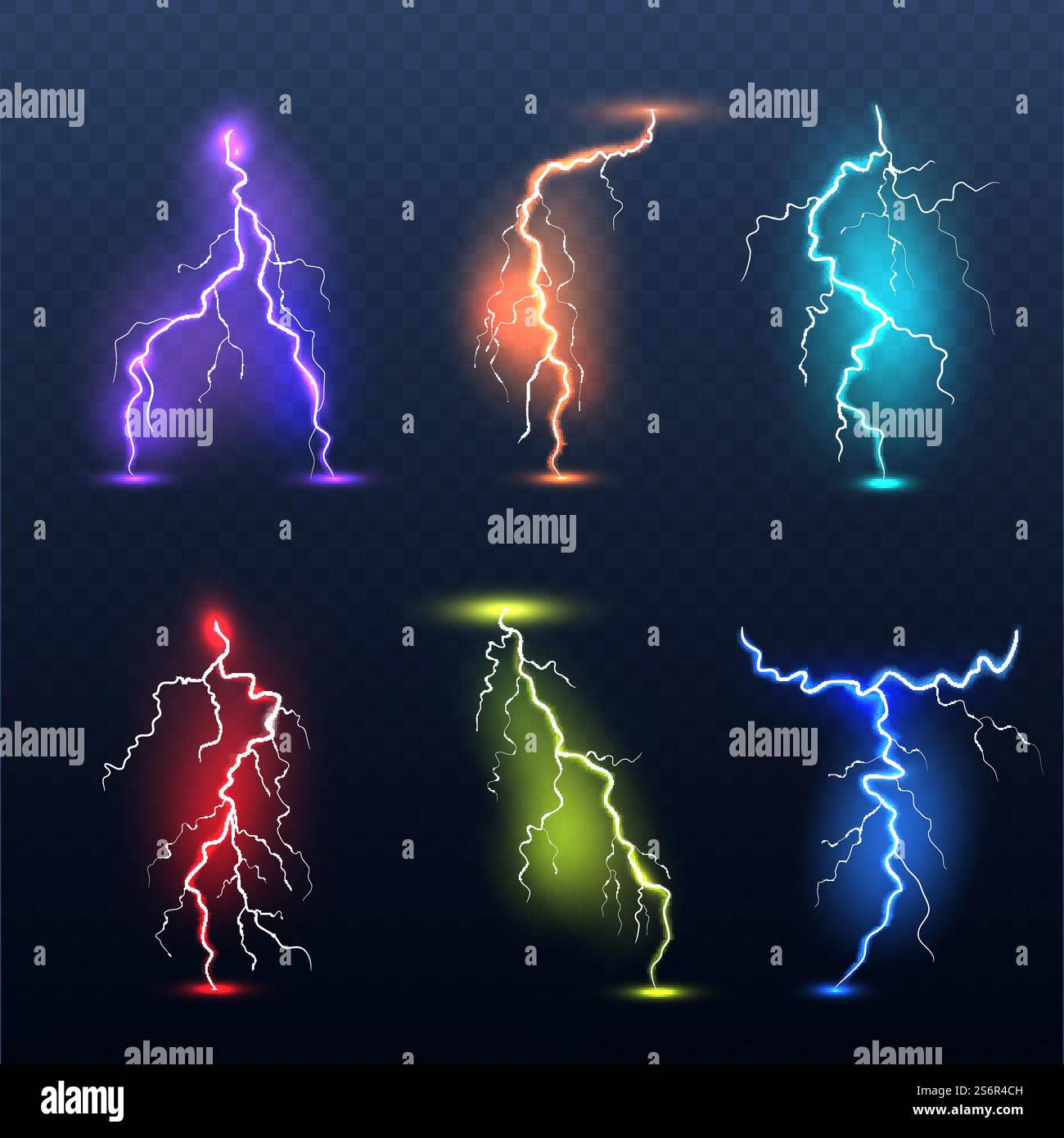 Realistic bolt. Electricity colored symbols danger glowing light ...
