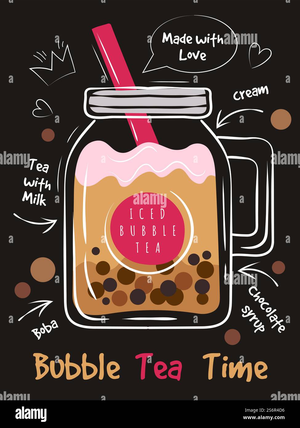Bubble tea poster. Print cafe menu design with funny text typography ...