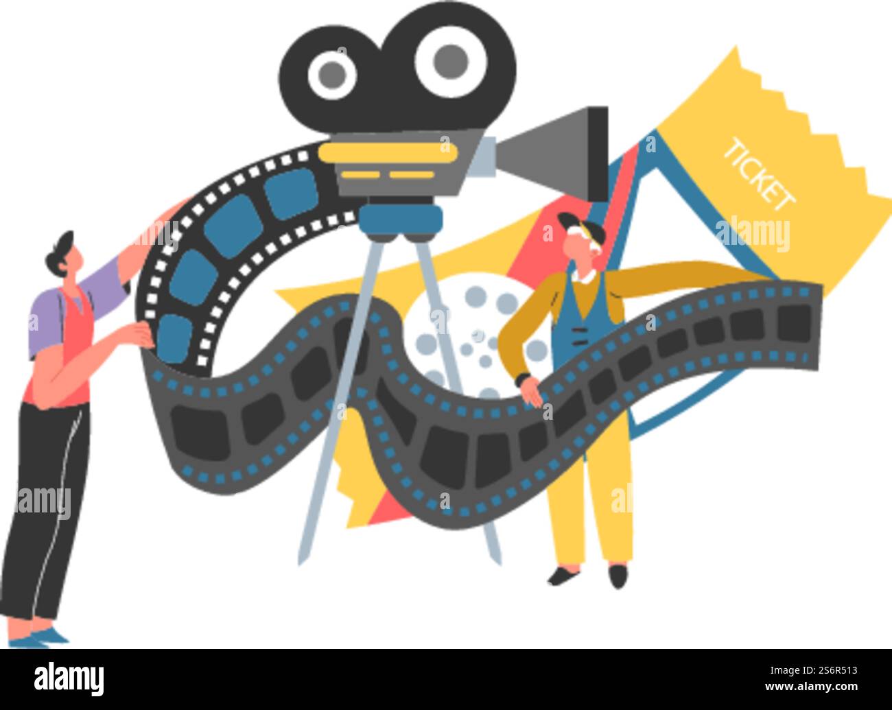 Making movies and films, team with camera and roll strip, paper tickets ...