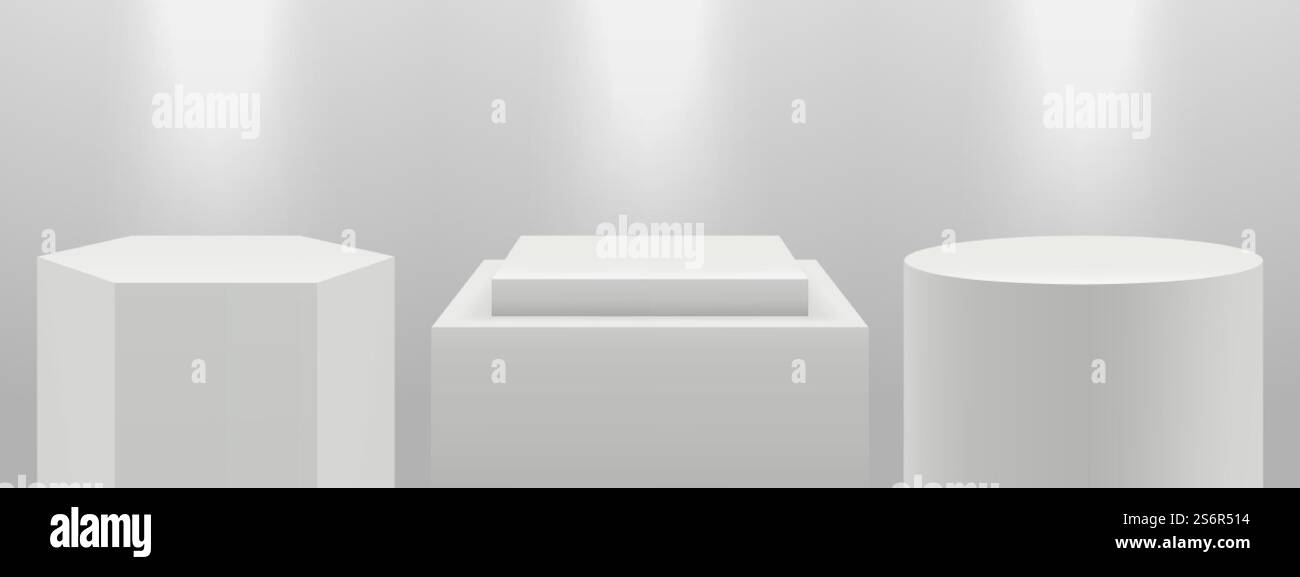 Realistic podiums. 3d pedestal in light, blank white expo stands vector ...