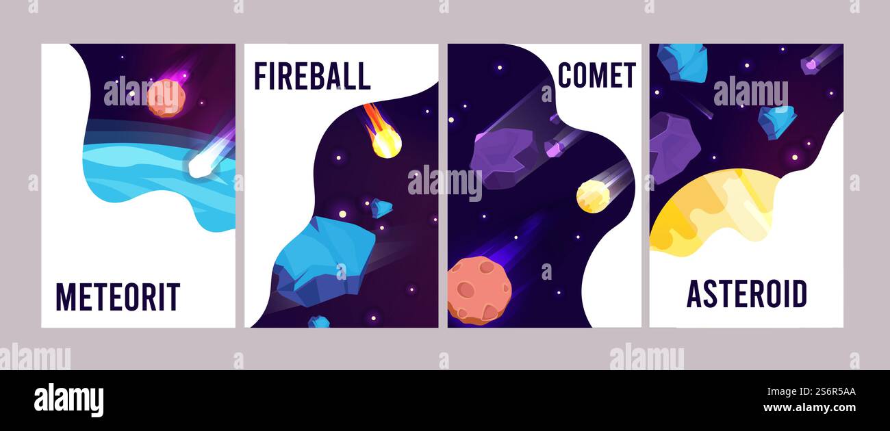 Space universe cards. Cartoon meteorit comet fireball vector posters ...