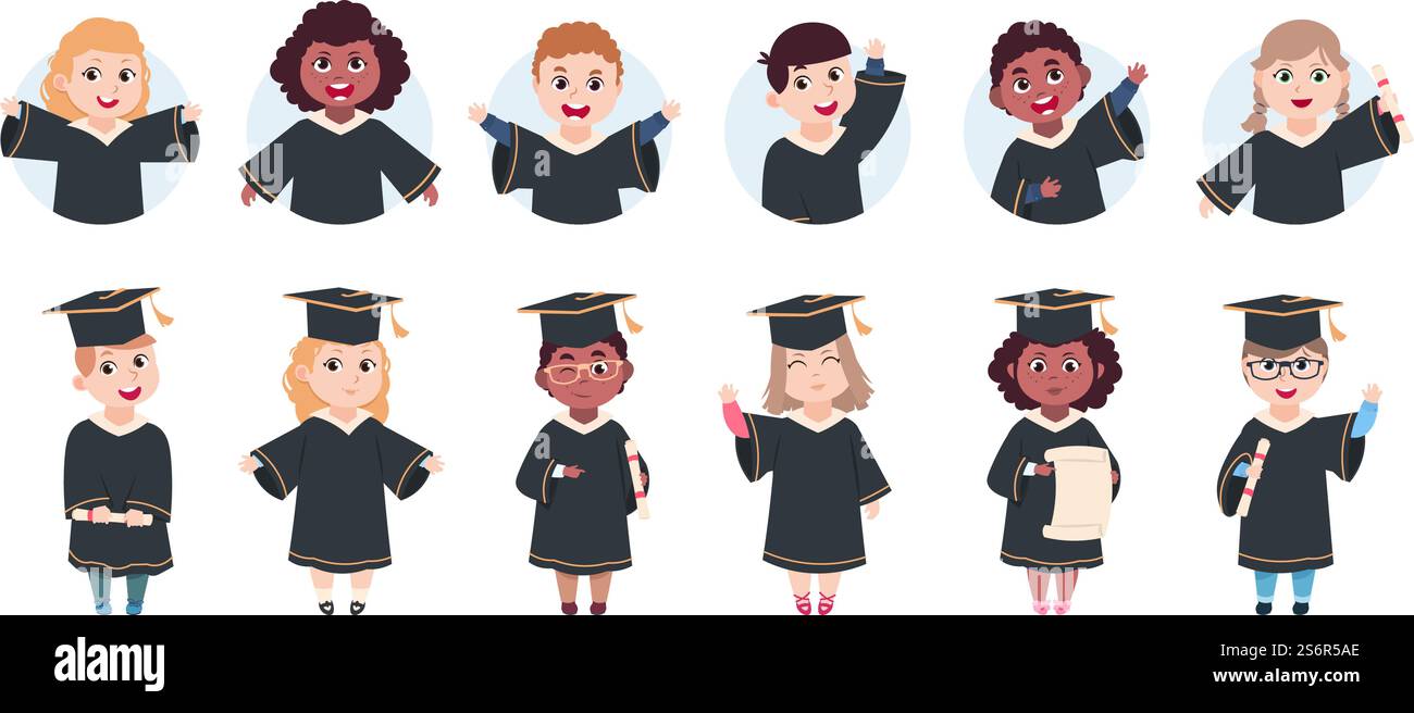 Happy graduation characters. Preschool graduates, cute cartoon little ...
