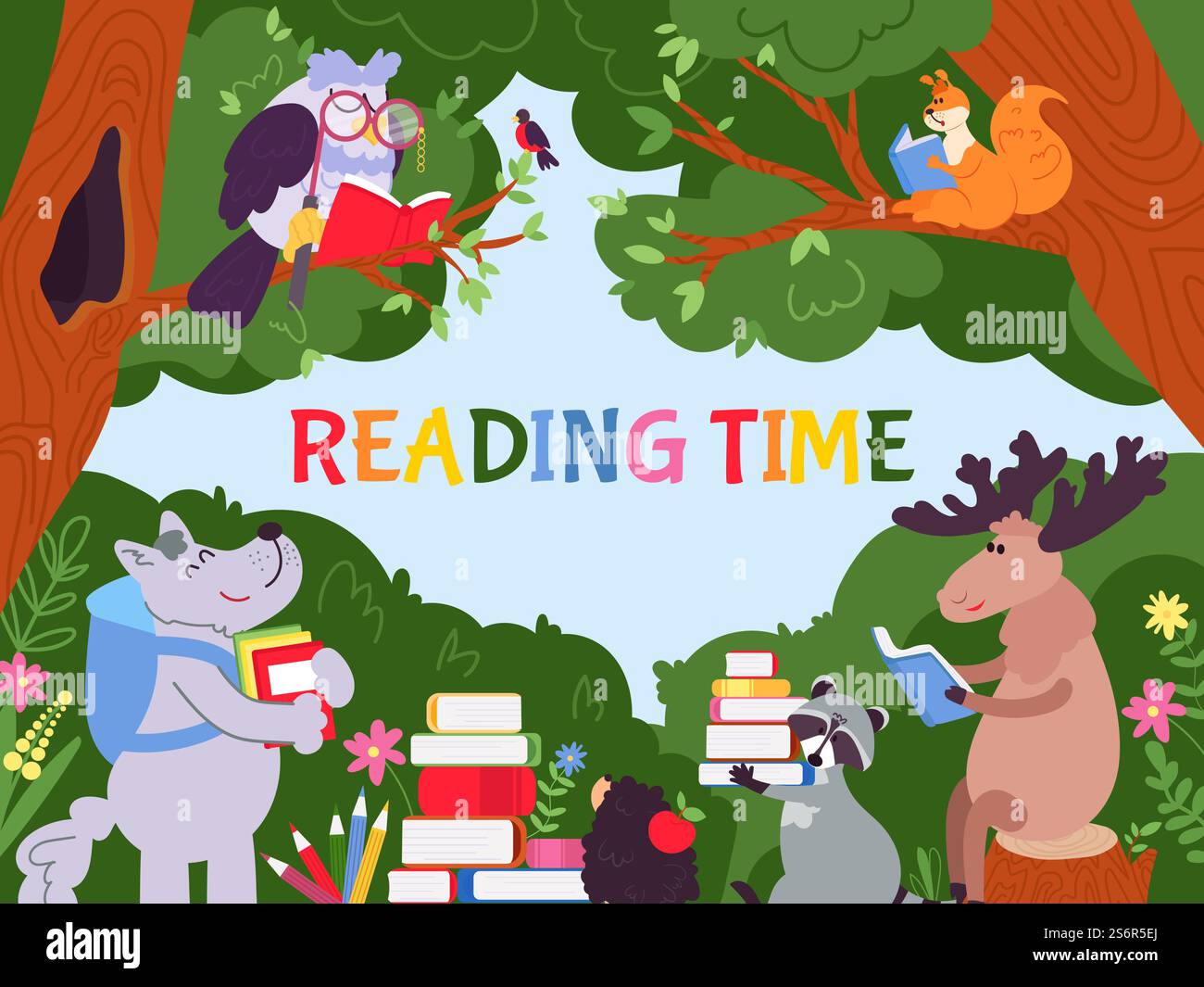 Animals reading background. Cartoon animal read, cute characters with ...