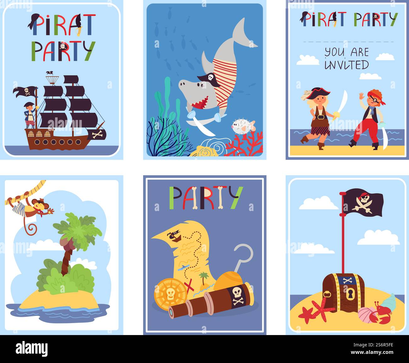 Pirates kids cards. Birthday invitation template, colorful creative ...