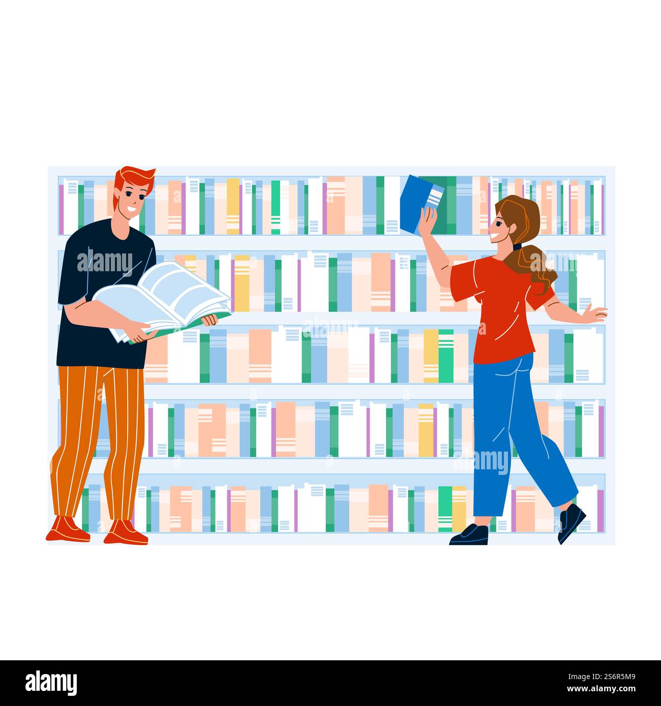 Books Rack Library Furniture With Shelves Vector. Man And Woman ...