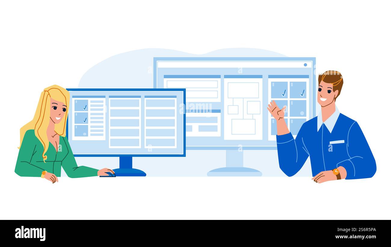 Project Monitoring Business Of Managers Vector. Man And Woman ...