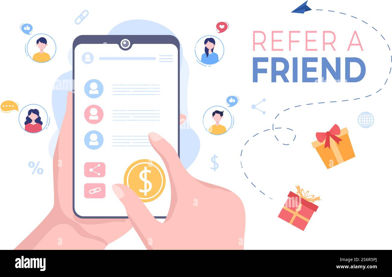 Refer a Friend Flat Design Illustration with Megaphone on Screen Mobile ...