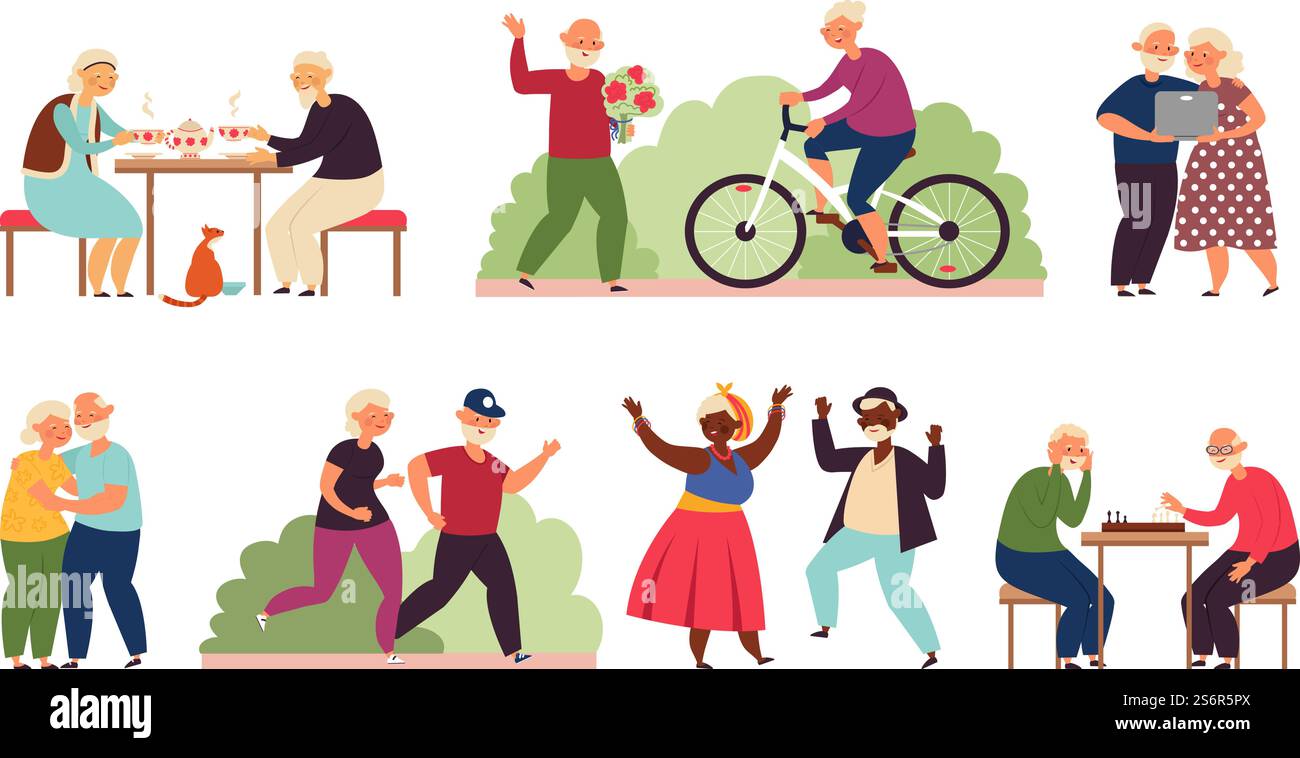 Active old people. Senior group activity, diverse elderly couple party ...