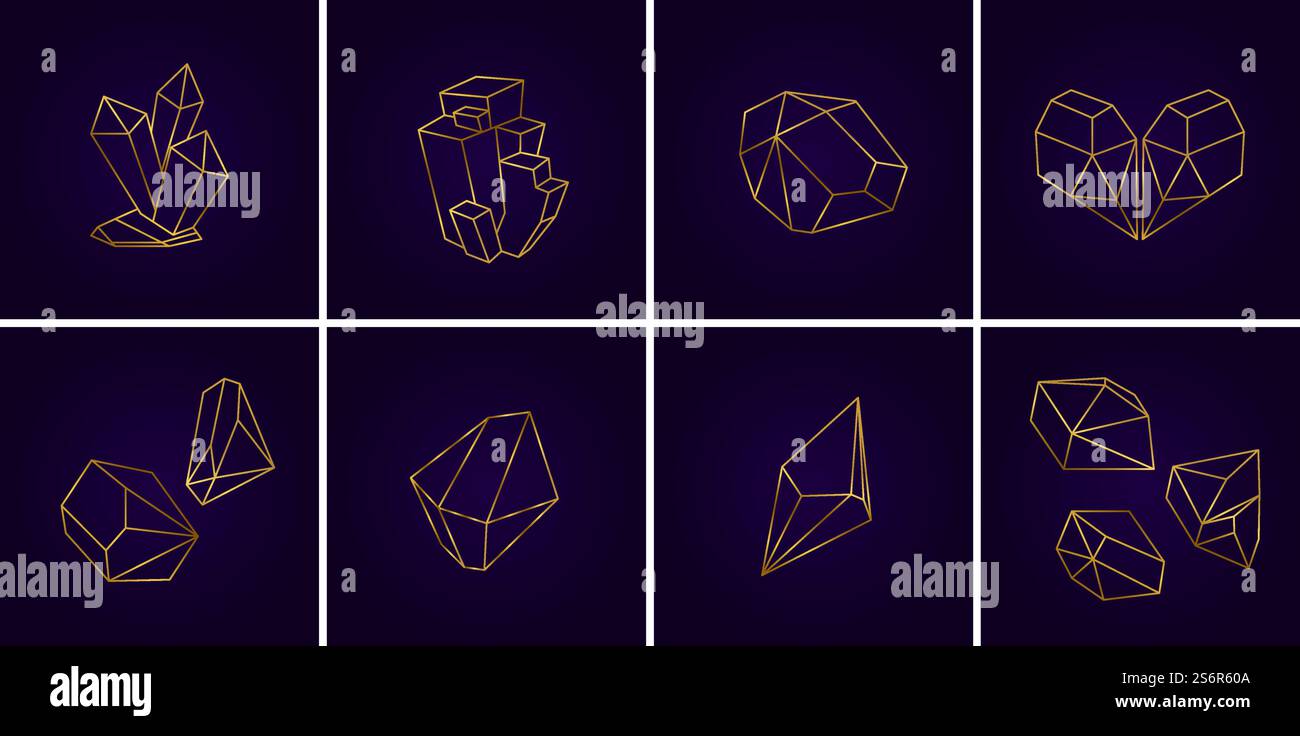 Gold geometric crystals. 3D diamond shapes, outline golden crystal ...