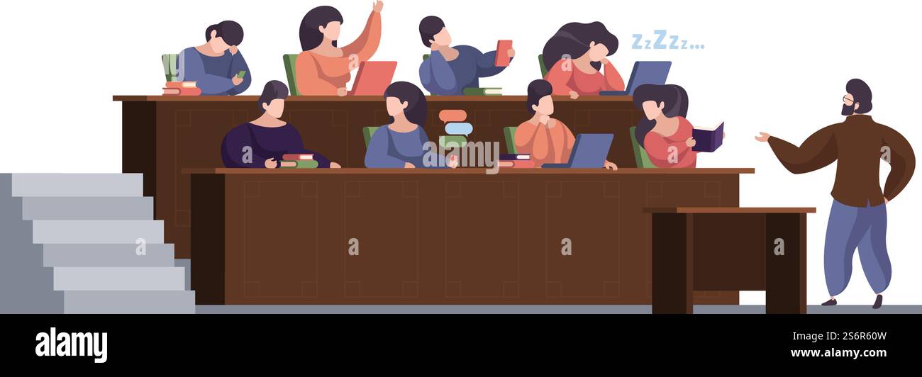 Lecture room. Front view lecture hall audience people professor talking ...