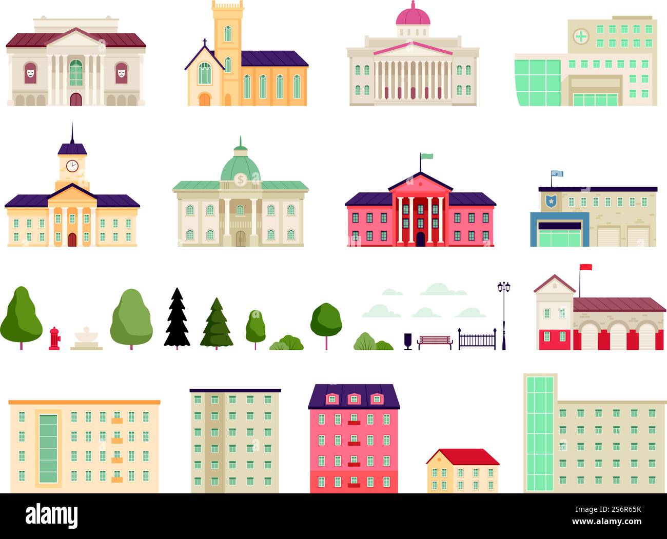 Urban municipal houses. Buildings in city infrastructure office police ...