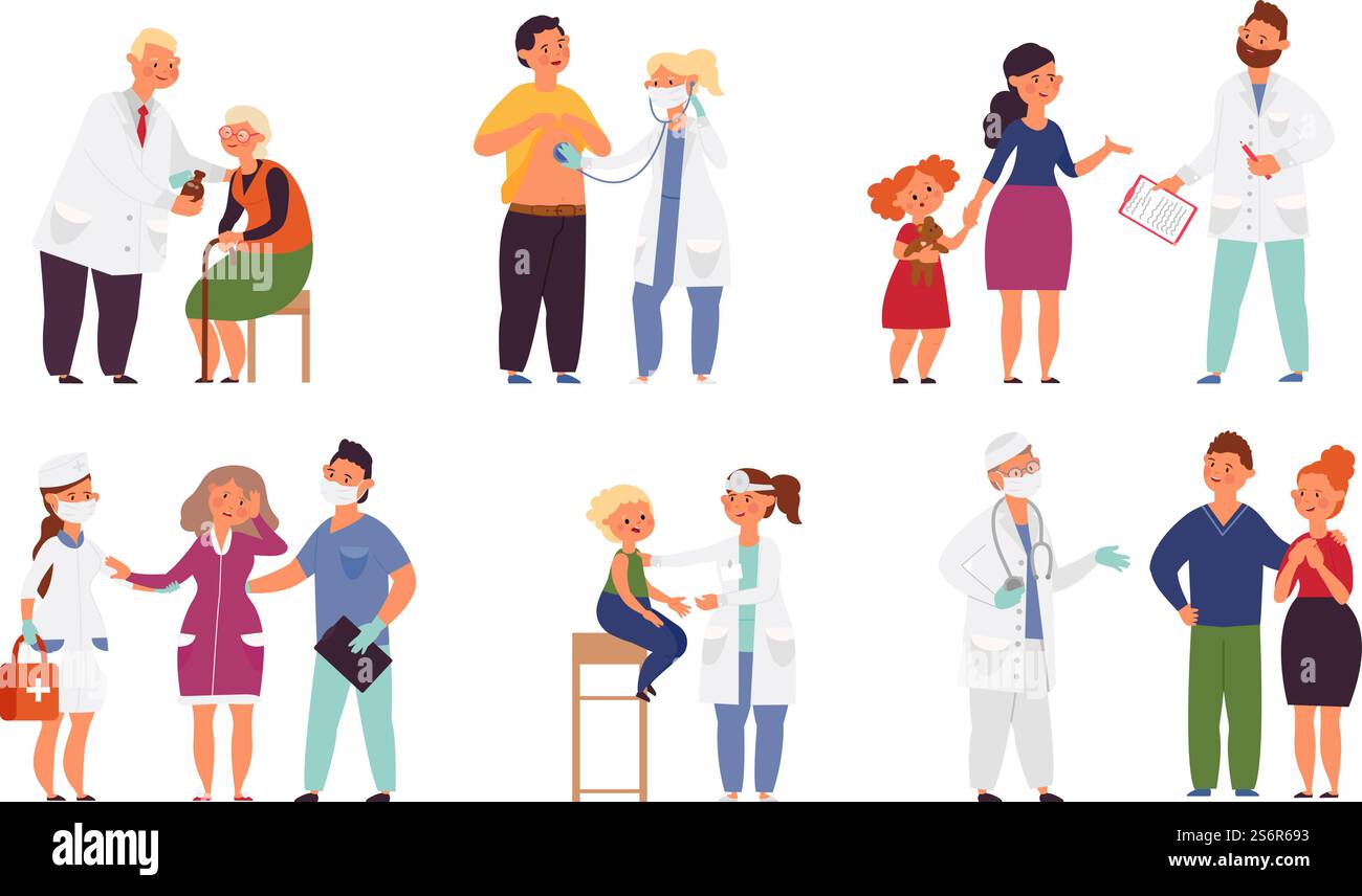 Doctor visiting. Cartoon doctors, woman examining in hospital. Patient ...