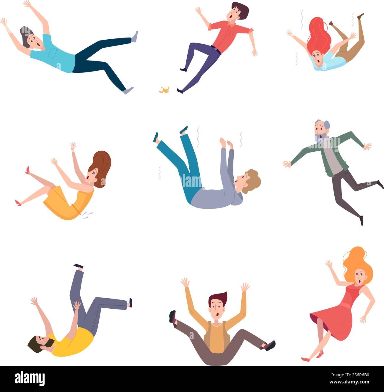 Falling persons. Old people fall on wet floor danger situations crash ...