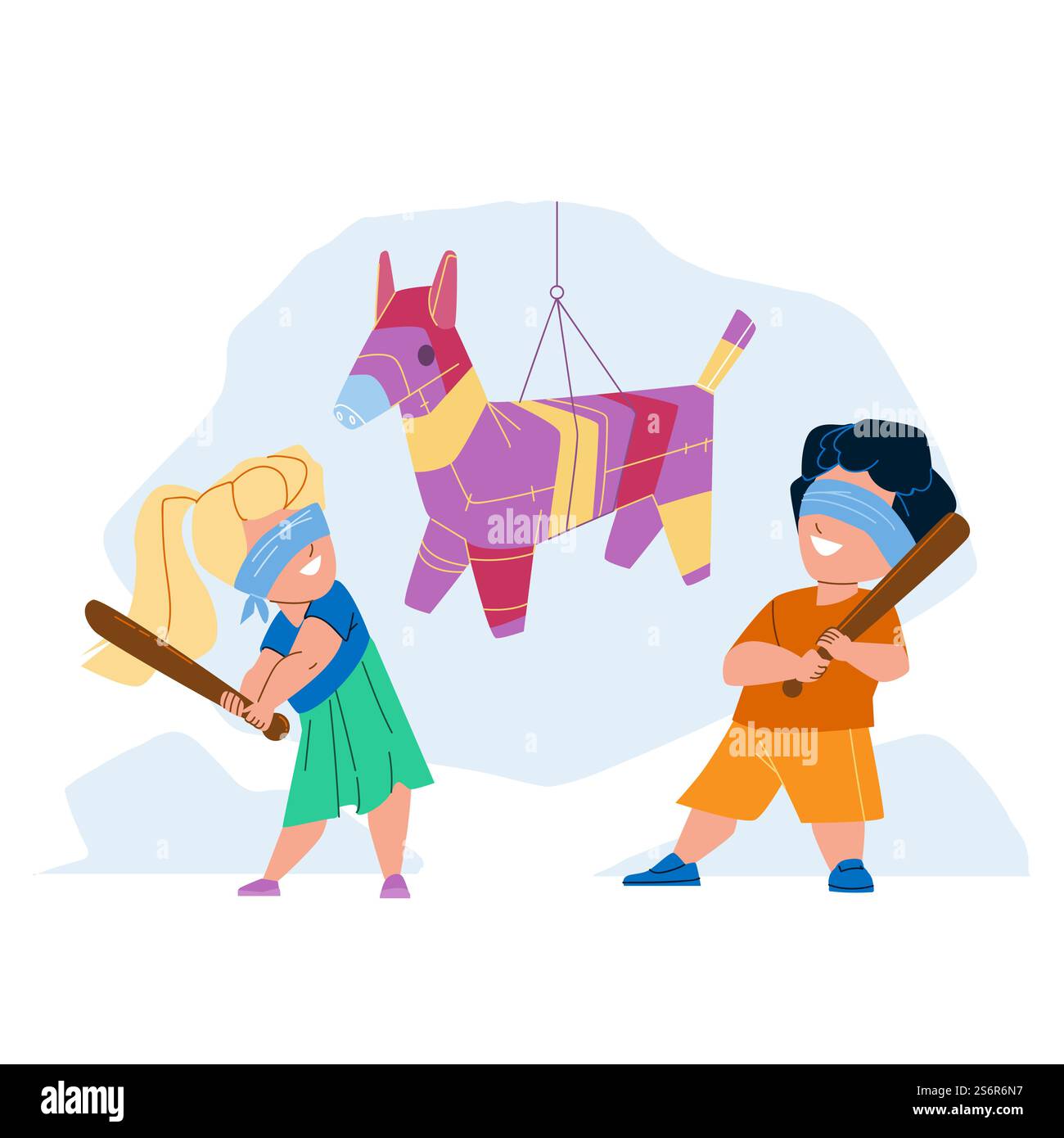 Pinata Hitting Little Boy And Girl On Party Vector. Pinata With Candies ...