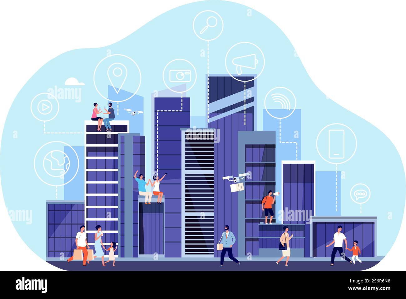 Smart city concept. Downtown internet communication, urban office ...