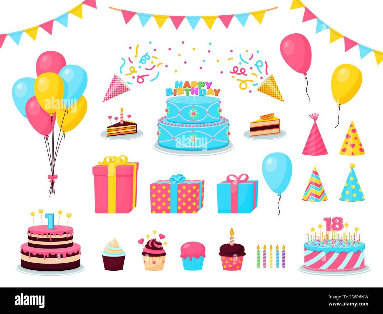 Birthday party cartoon decorations. Child partying, cute celebration ...