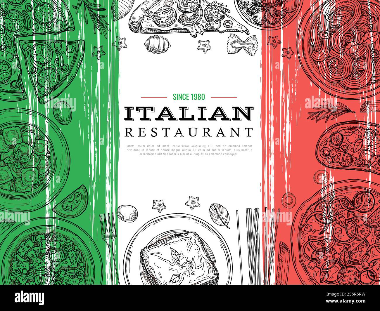 Italian food banner. Restaurant menu, vegetables and spaghetti sketch ...