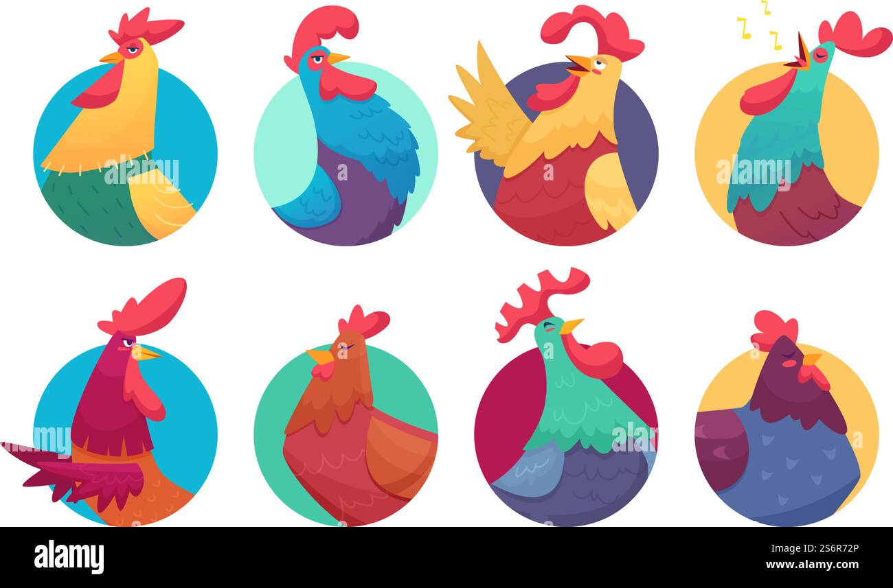 Rooster avatars. Cartoon chicken and roosters, colorful farm birds ...