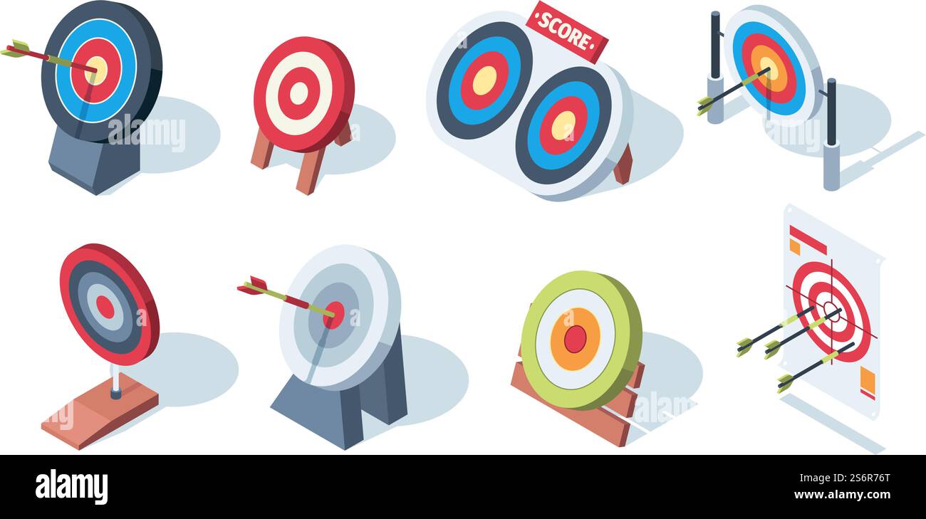 Arrow target. Archery goals game performance dartboards garish vector ...