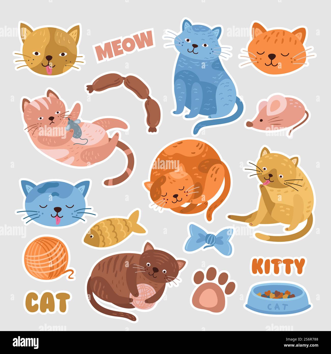 Cat stickers. Funny cats, kitten badge or patch with cute elements ...