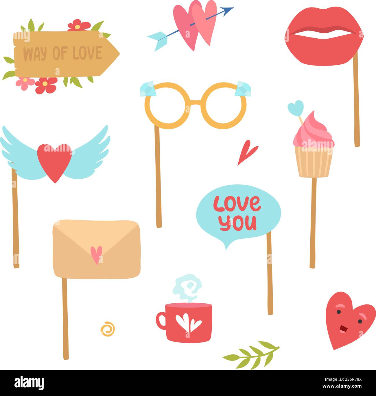 Photo booth elements. Love decorations, heart lips cake stickers for ...