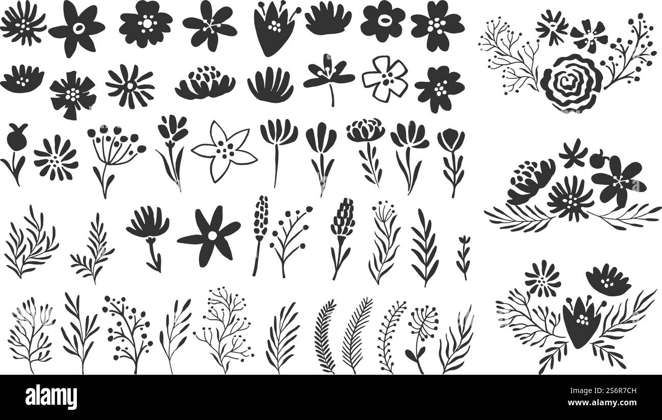 Scandinavian flower elements. Scandi style doodle plants, leaves ...