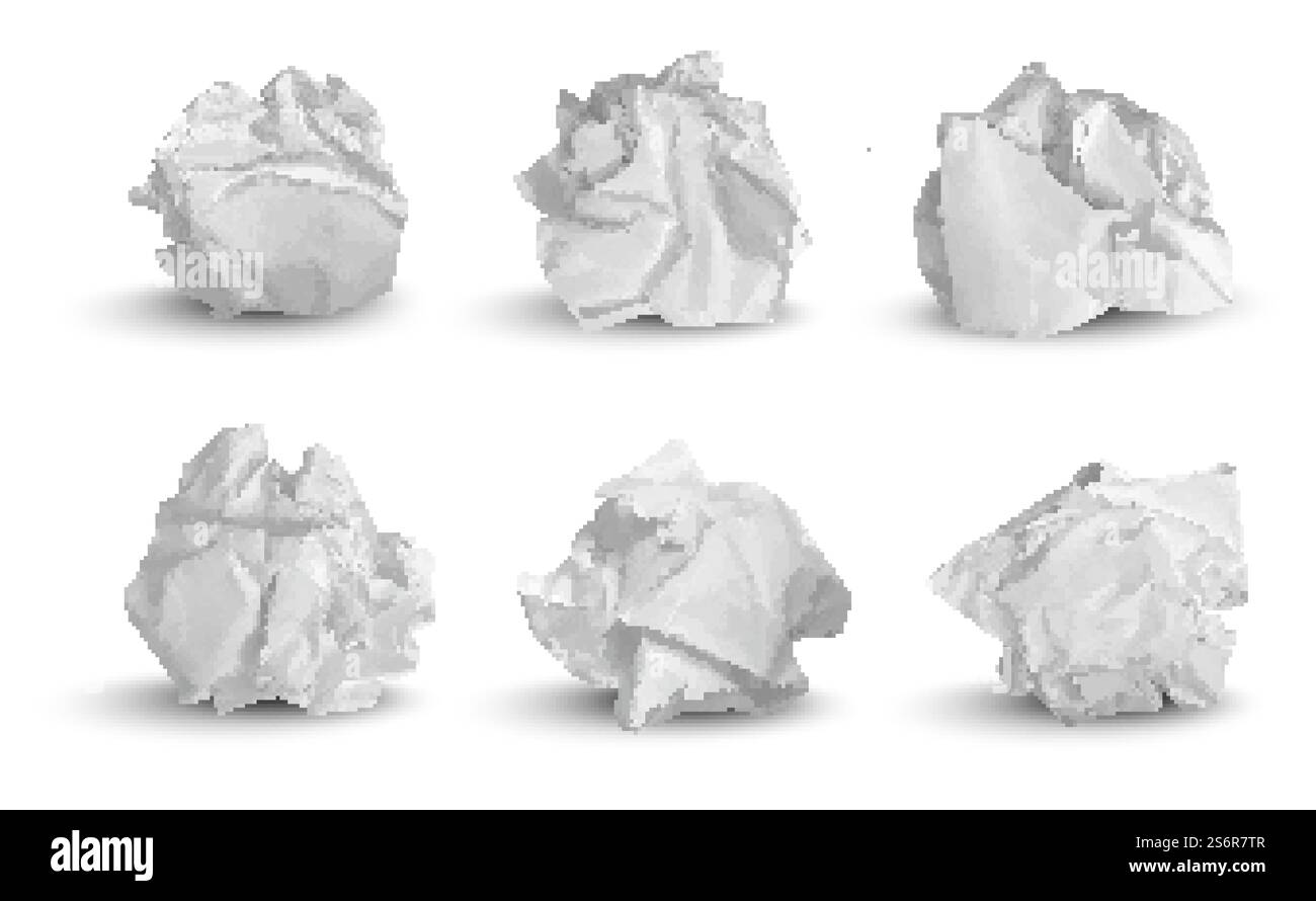 Crumpled balls. 3d garbage paper idea notes trash symbols decent vector ...