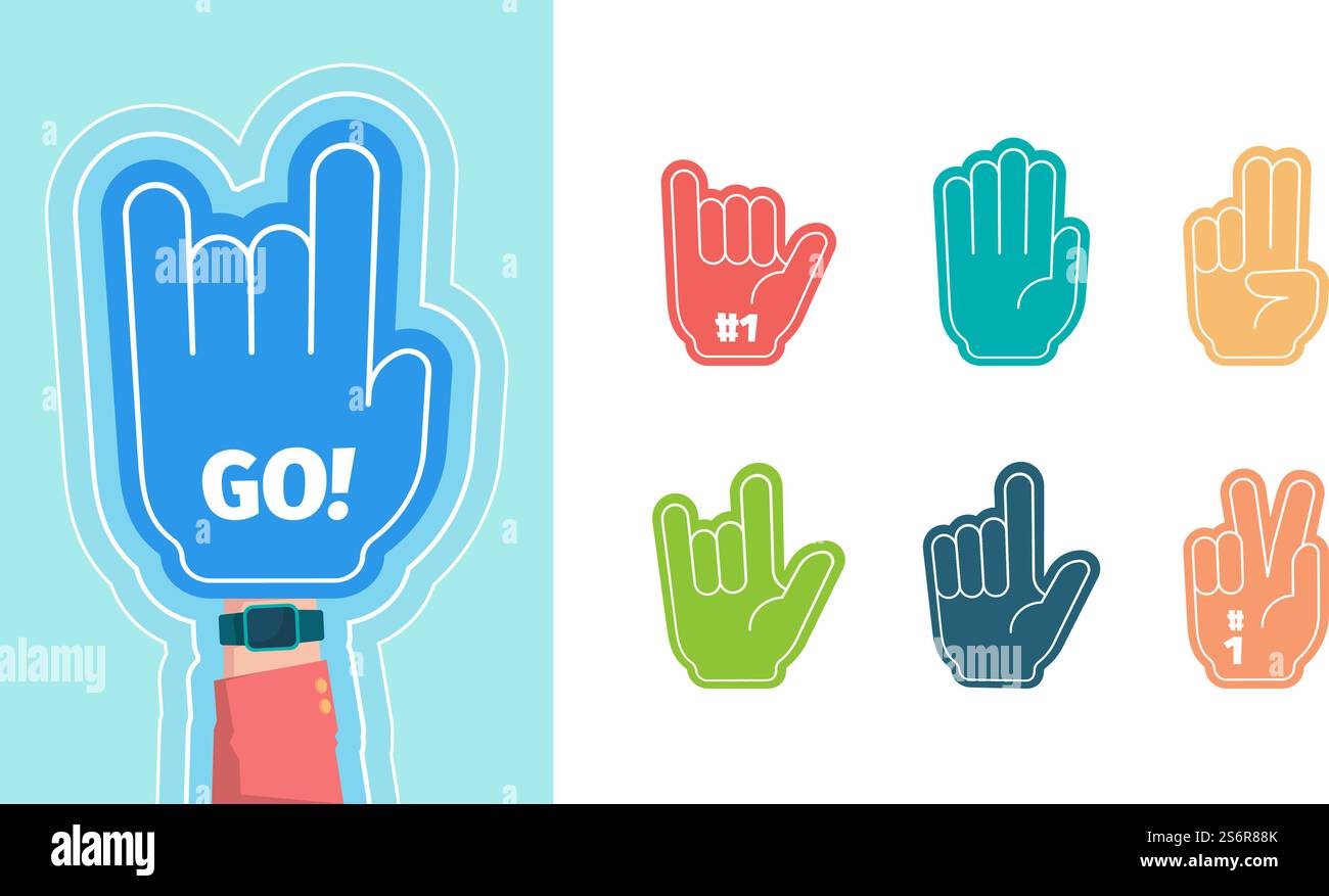 Fans fingers. Hands gestures for stylized cheering gloves victory ...