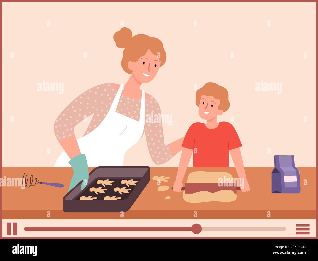 Food bloggers. Mother and son cooking, vlog about bake process. Family ...