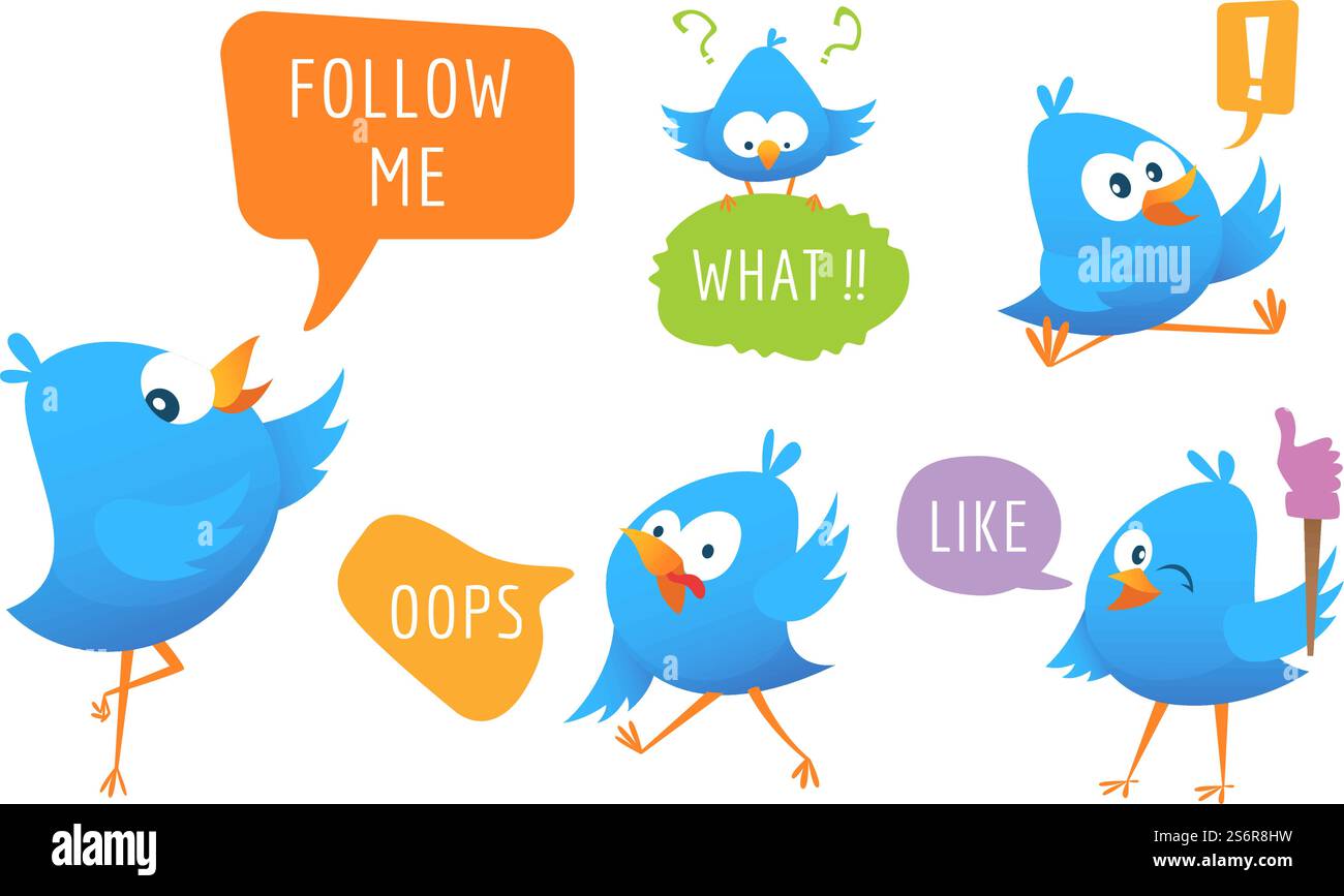 Blue bird messages. Cartoon animal with speech bubbles, social media ...