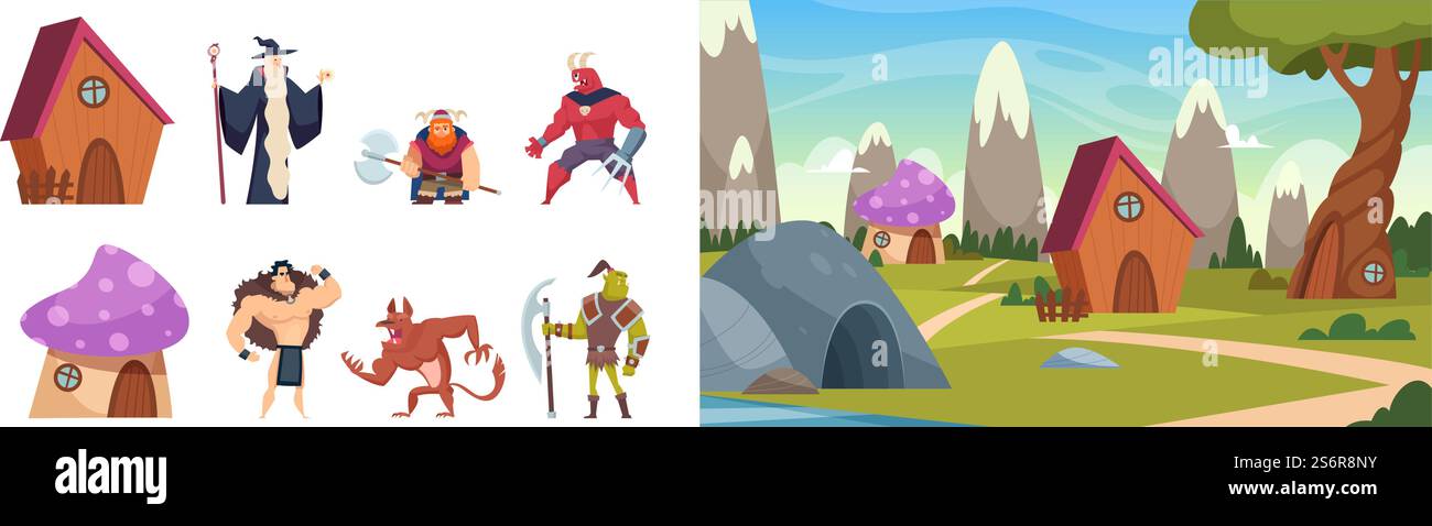 Magic heroes. Fairytale landscape, cute cartoon houses, magical forest ...