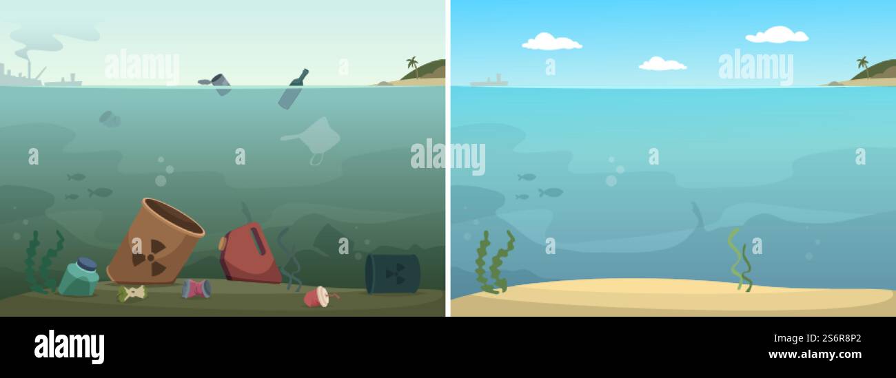 Clean and dirty water. Save ocean, waste in sea and cleaning underwater ...