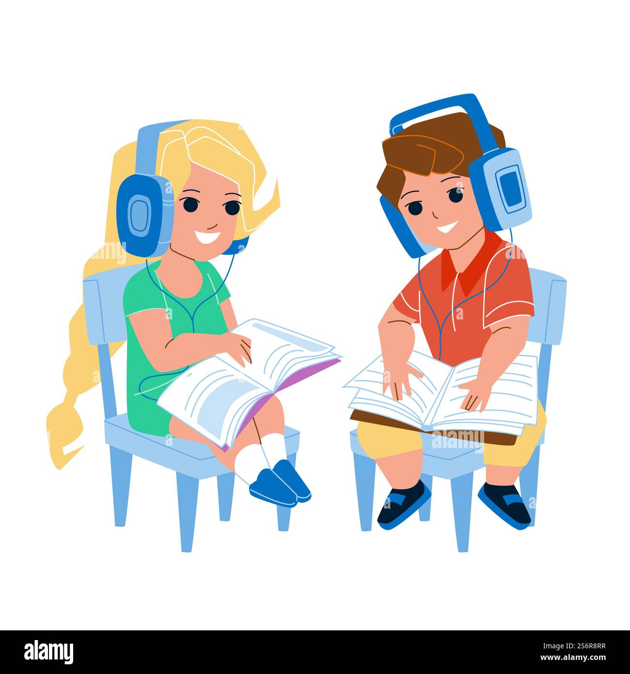 Audio Lesson Listening Children Together Vector. Preteen Boy And Girl ...