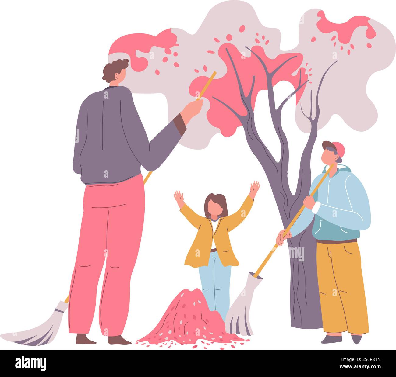 Son and daughter helping father to clean dry leaves fallen from tree ...