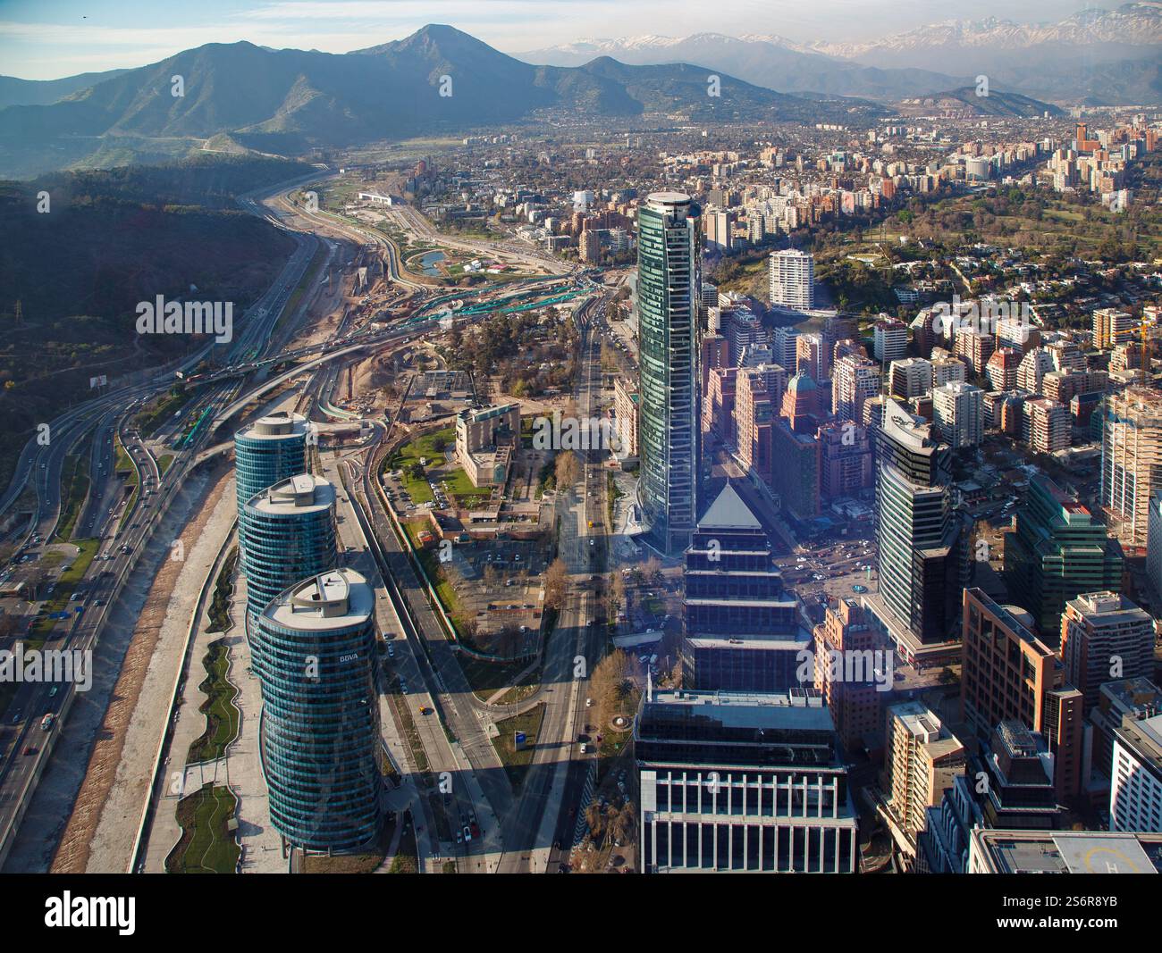 The View of the snowcapped Andes Mountains and the cityscape of ...